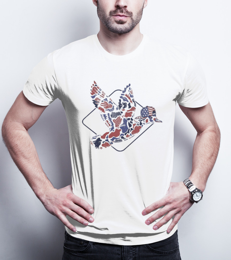 Camo Flying Mallard Duck USA American Flag Independence Day T-Shirt
