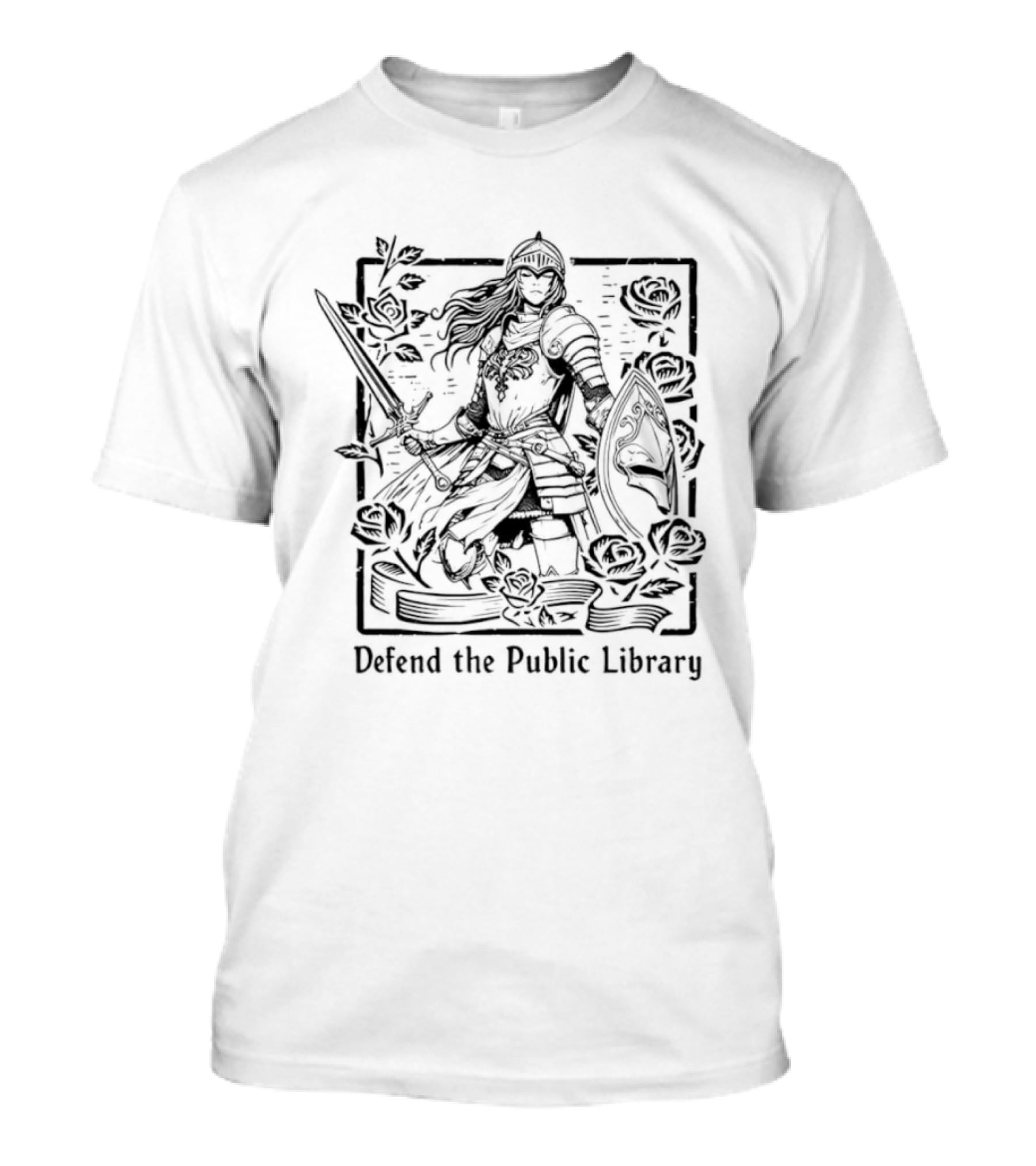 Defend The Public Library Knight With Sword And Roses T-Shirt