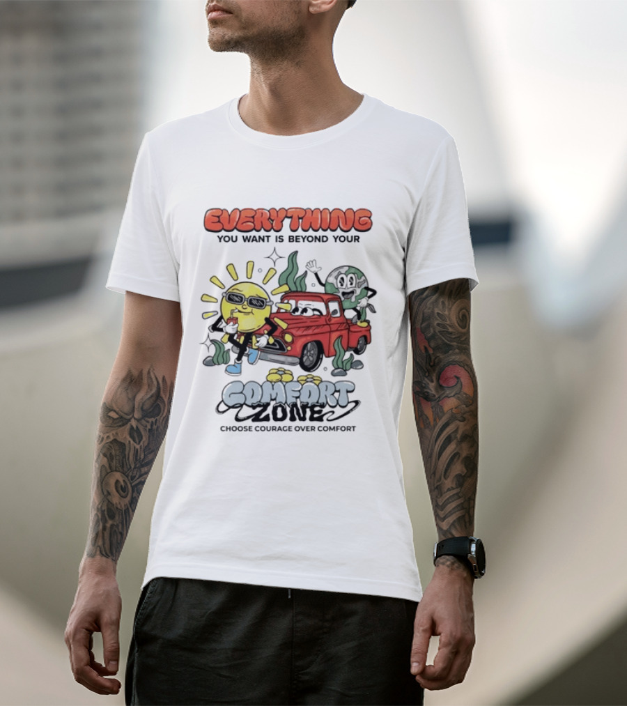 Everything You Want Is Beyond Your Comfort Zone Choose Courage Over Comfort Retro Sun And Moon T-Shirt
