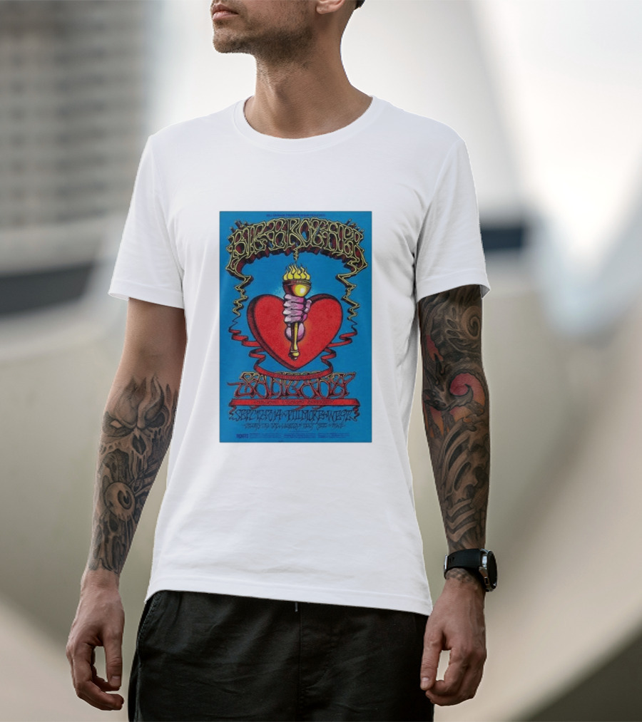 Big Brother The Holding Company Blue Background Red Heart And Torch Iconic Psychedelic T-Shirt