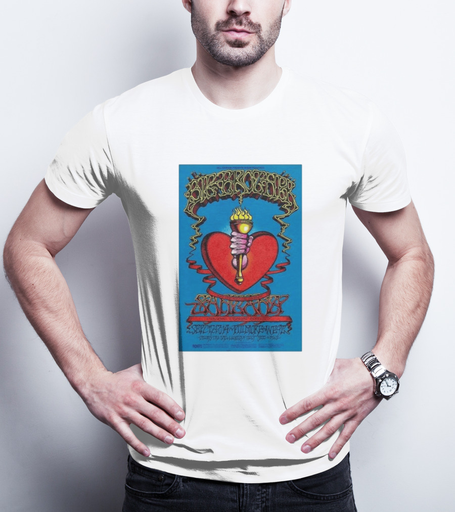 Big Brother The Holding Company Blue Background Red Heart And Torch Iconic Psychedelic T-Shirt