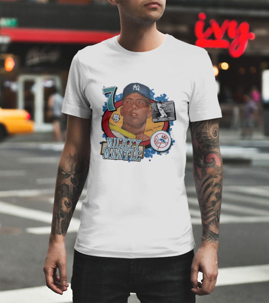 Mickey Mantle New York Yankees Topps 75 Number 7 Yankees Patch T-Shirt