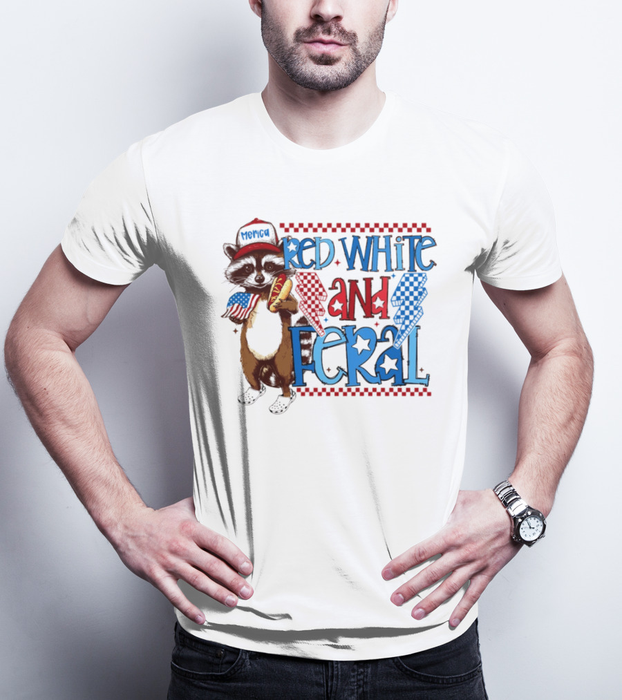 Red White And Feral Raccoon Hot Dog Patriotic 4th Of July Celebration T-Shirt