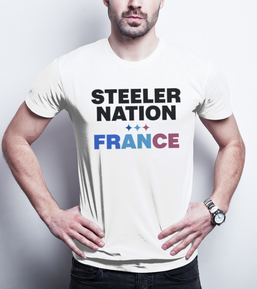 STEELERS NATION FRANCE Black Text Blue White Red Team T-Shirt