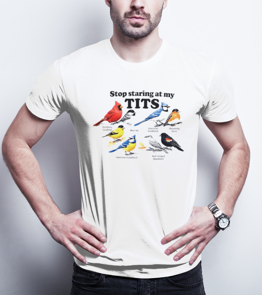 Stop Staring At My Tits Northern Cardinal Blue Jay American Goldfinch Mourning Dove Red Winged Blackbird T-Shirt