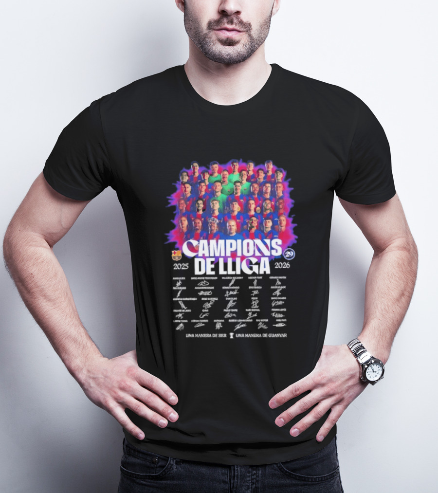Barcelona FC Campions De Lliga 2025 2026 Signatures Una Manera De Ser T-Shirt