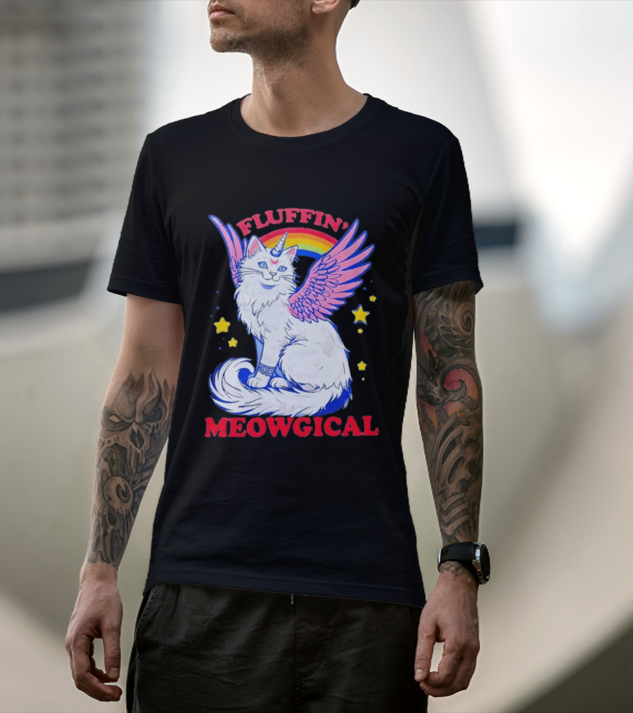 Fluffin' Meowgical Winged Unicorn Cat Rainbow Stars T-Shirt