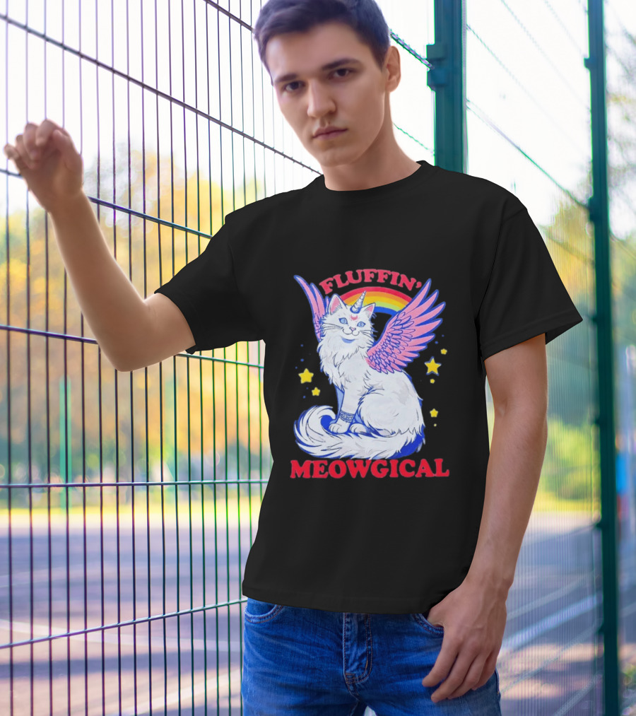 Fluffin' Meowgical Winged Unicorn Cat Rainbow Stars T-Shirt