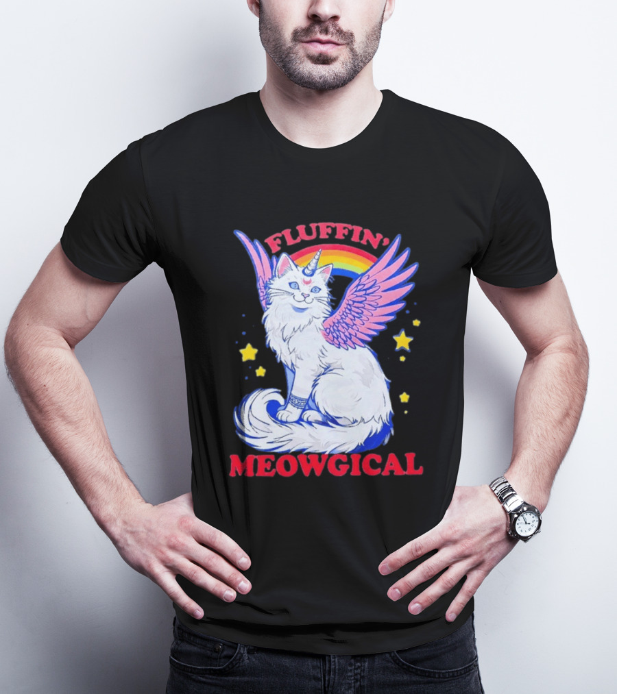 Fluffin' Meowgical Winged Unicorn Cat Rainbow Stars T-Shirt