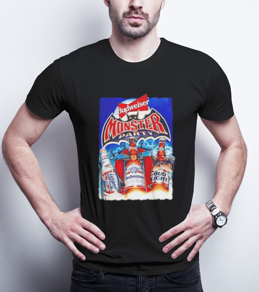 Budweiser Monster Party Bud Dry Bud Light Bottles Halloween Celebration T-Shirt