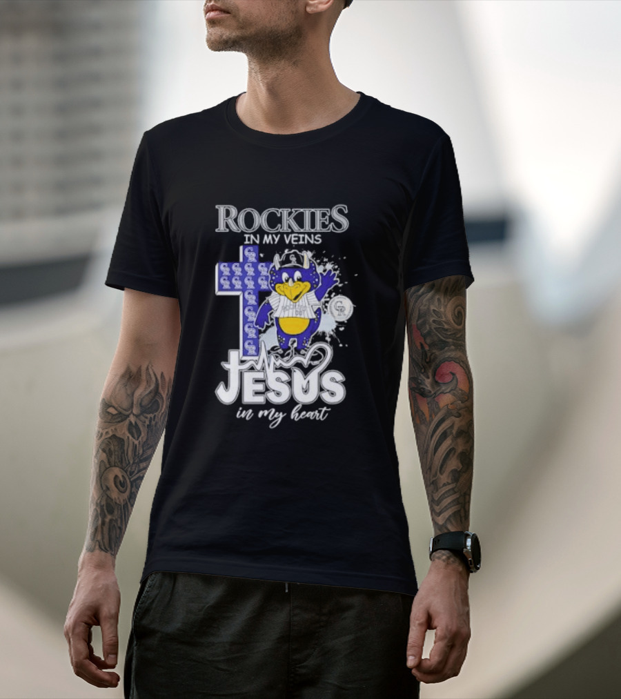 Colorado Rockies Baseball In My Veins Jesus In My Heart Cross Christian Rockies T-Shirt