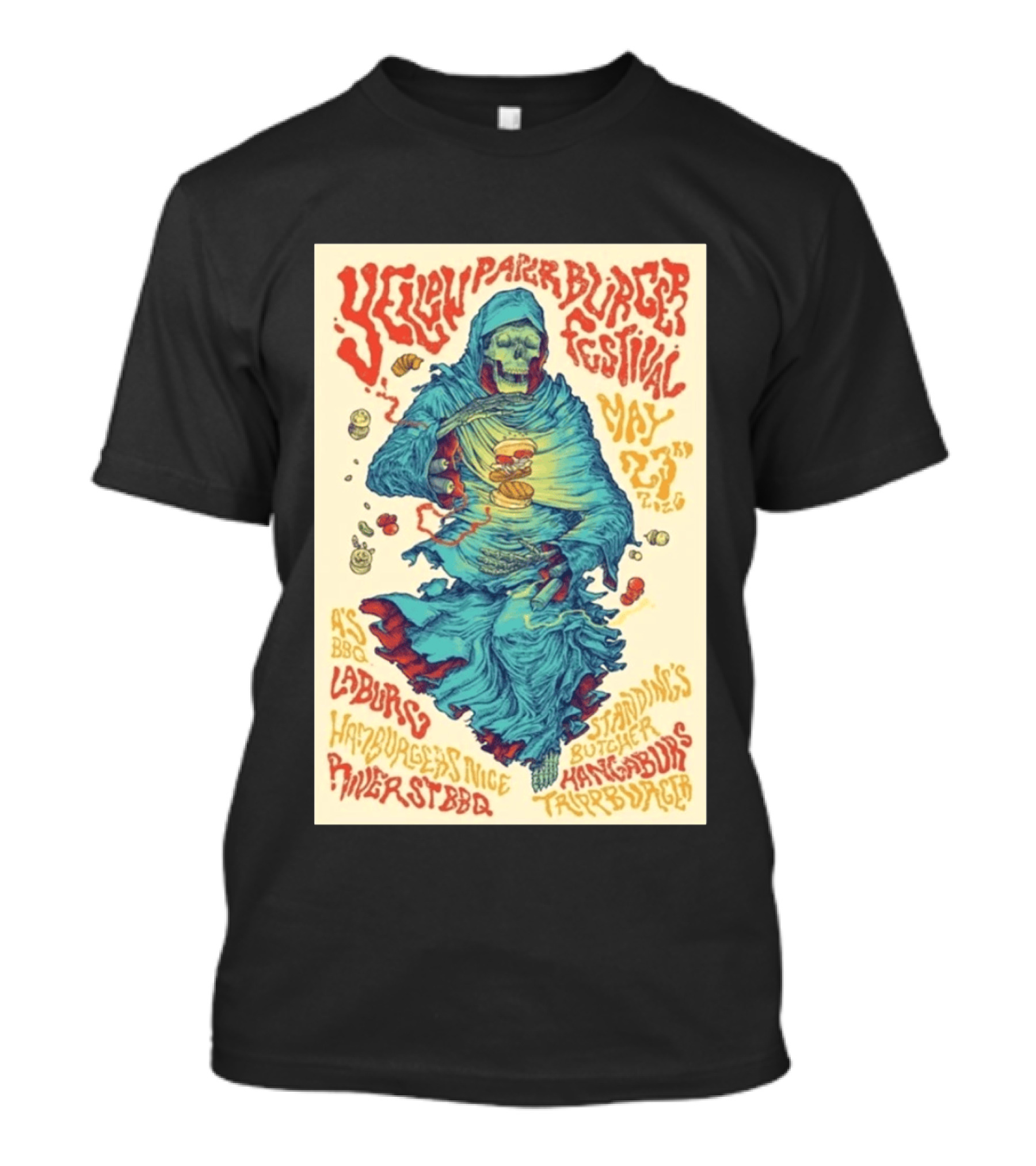Yellow Paper Burger Festival May 23rd 2026 A's BBQ La Burg Standing's Butcher Taylor Burger River St BBQ Hamburgers Nice T-Shirt