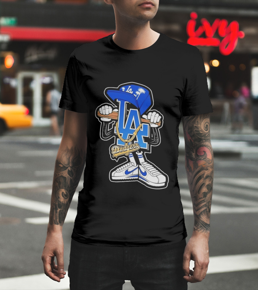 LA Dodgers Palm Trees Gold Chain With Blue Hat And Sneakers T-Shirt