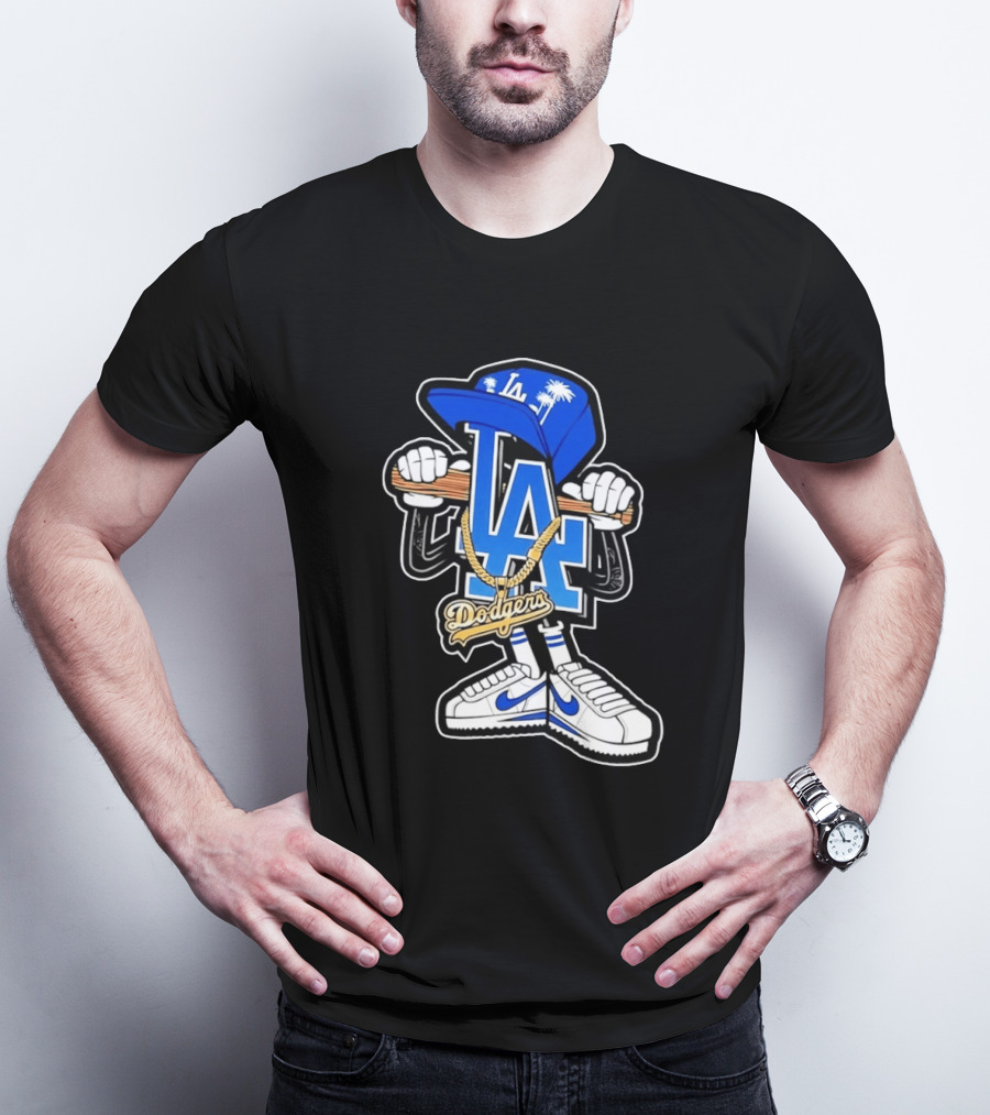 LA Dodgers Palm Trees Gold Chain With Blue Hat And Sneakers T-Shirt
