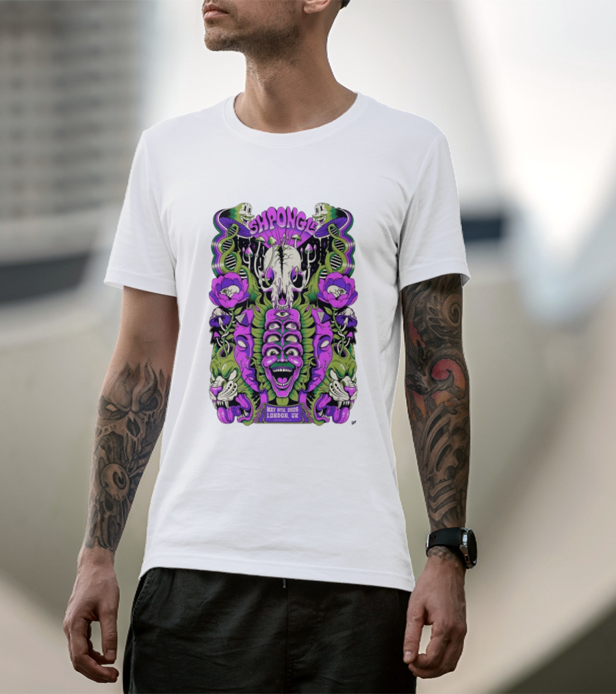 Shpongle May 9th 2026 London UK Psychedelic Imagery Skeletons And Flowers T-Shirt