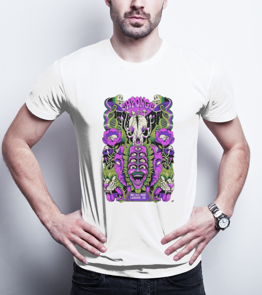 Shpongle May 9th 2026 London UK Psychedelic Imagery Skeletons And Flowers T-Shirt