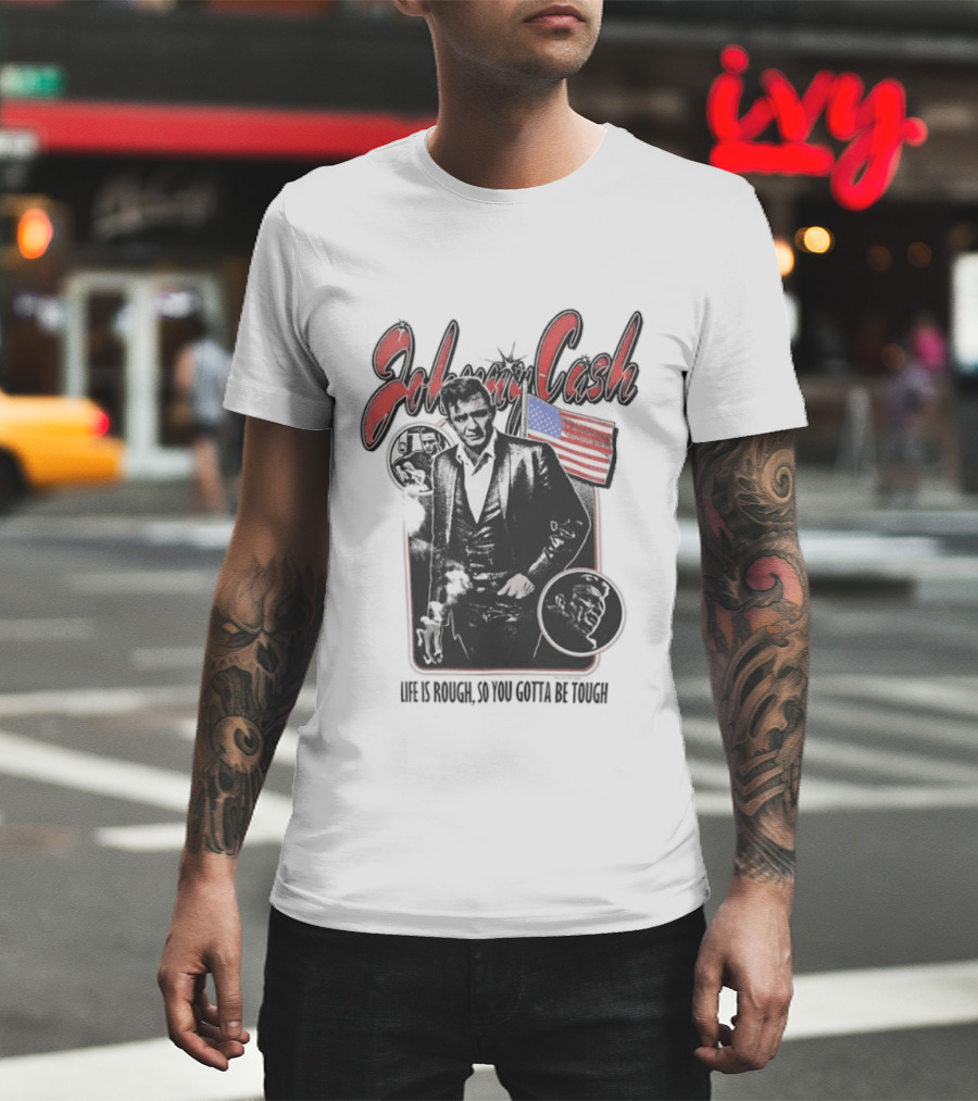 Johnny Cash Life Is Rough So You Gotta Be Tough 1956 Tour USA Flag T-Shirt
