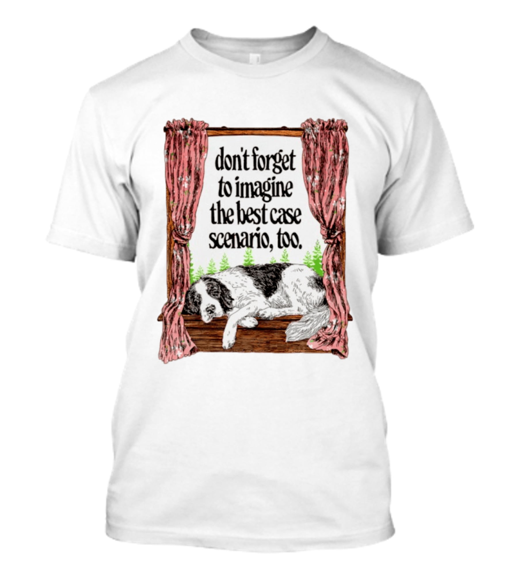 Don't Forget To Imagine The Best Case Scenario Too Dog Sleeping By Window With Curtains T-Shirt