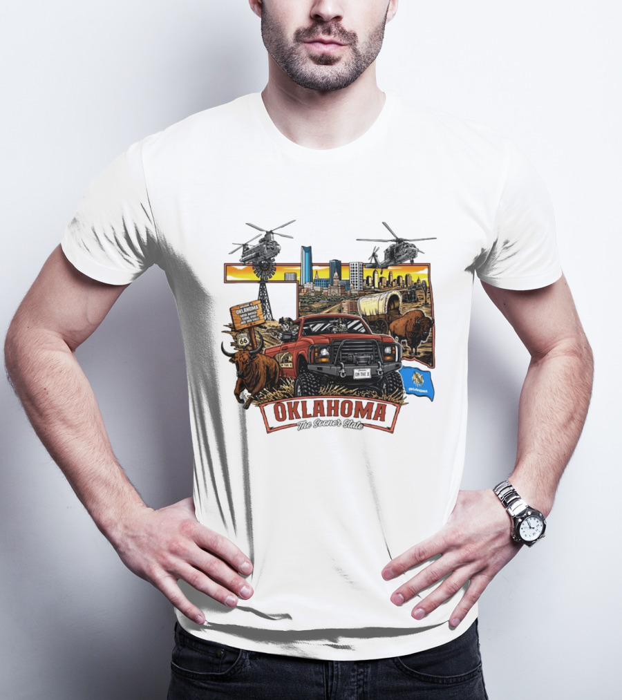 Oklahoma The Sooner State Route 66 Buffalo Cityscape Helicopters T-Shirt