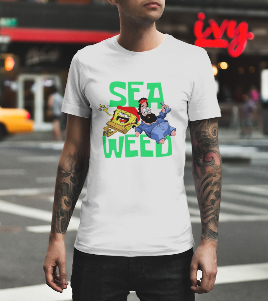 Sea Weed Sponge And Bearded Duo Cartoon Characters T-Shirt