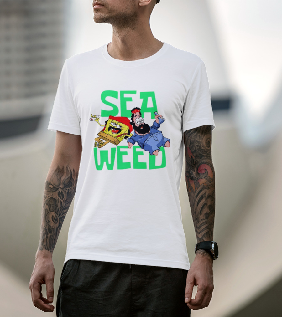 Sea Weed Sponge And Bearded Duo Cartoon Characters T-Shirt