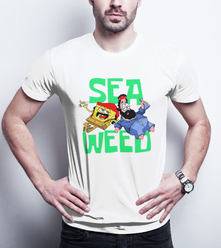 Sea Weed Sponge And Bearded Duo Cartoon Characters T-Shirt