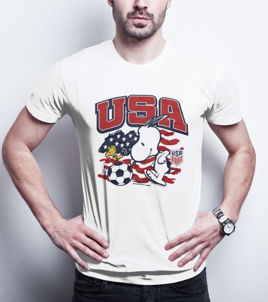 USA Soccer Snoopy And Woodstock Peanuts Characters With American Flag T-Shirt