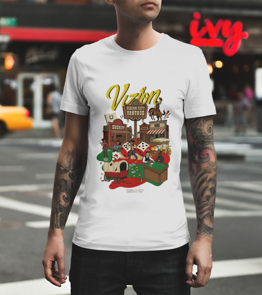 Vizion City Vantage Wild West Cowboy Town Dice Saloon Sheriff Wagon Horse T-Shirt