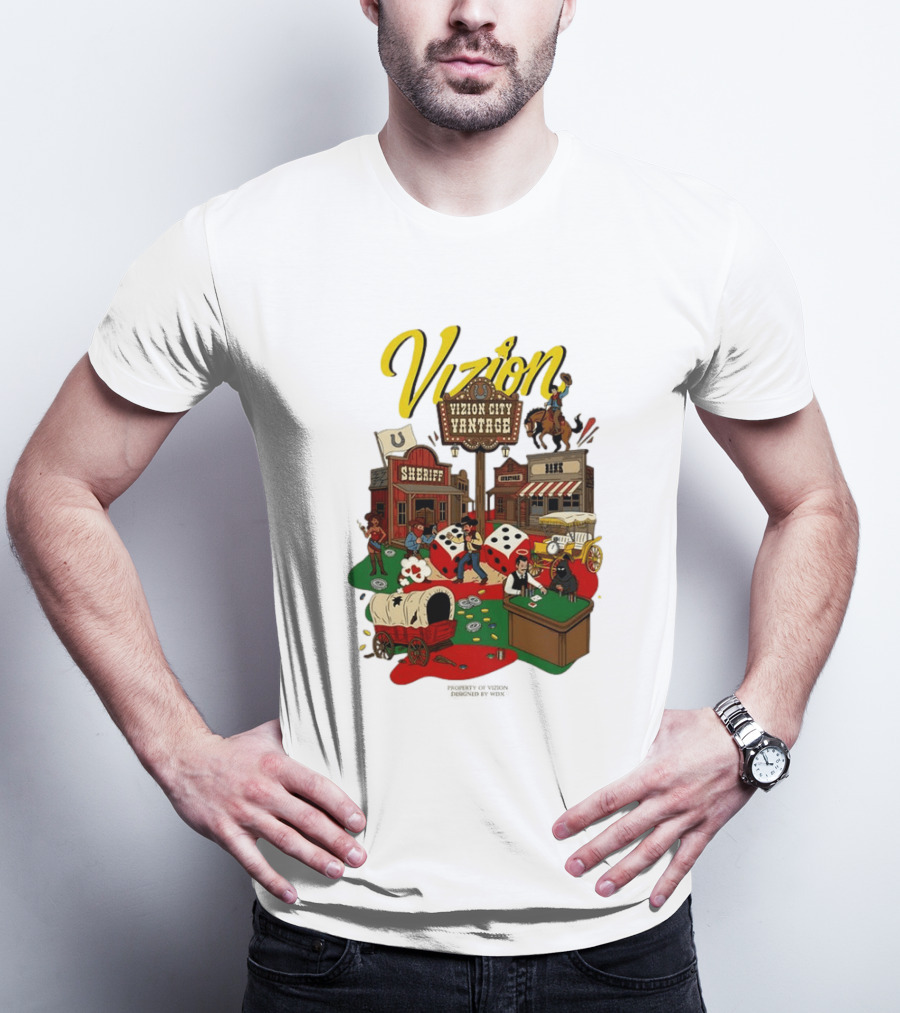 Vizion City Vantage Wild West Cowboy Town Dice Saloon Sheriff Wagon Horse T-Shirt