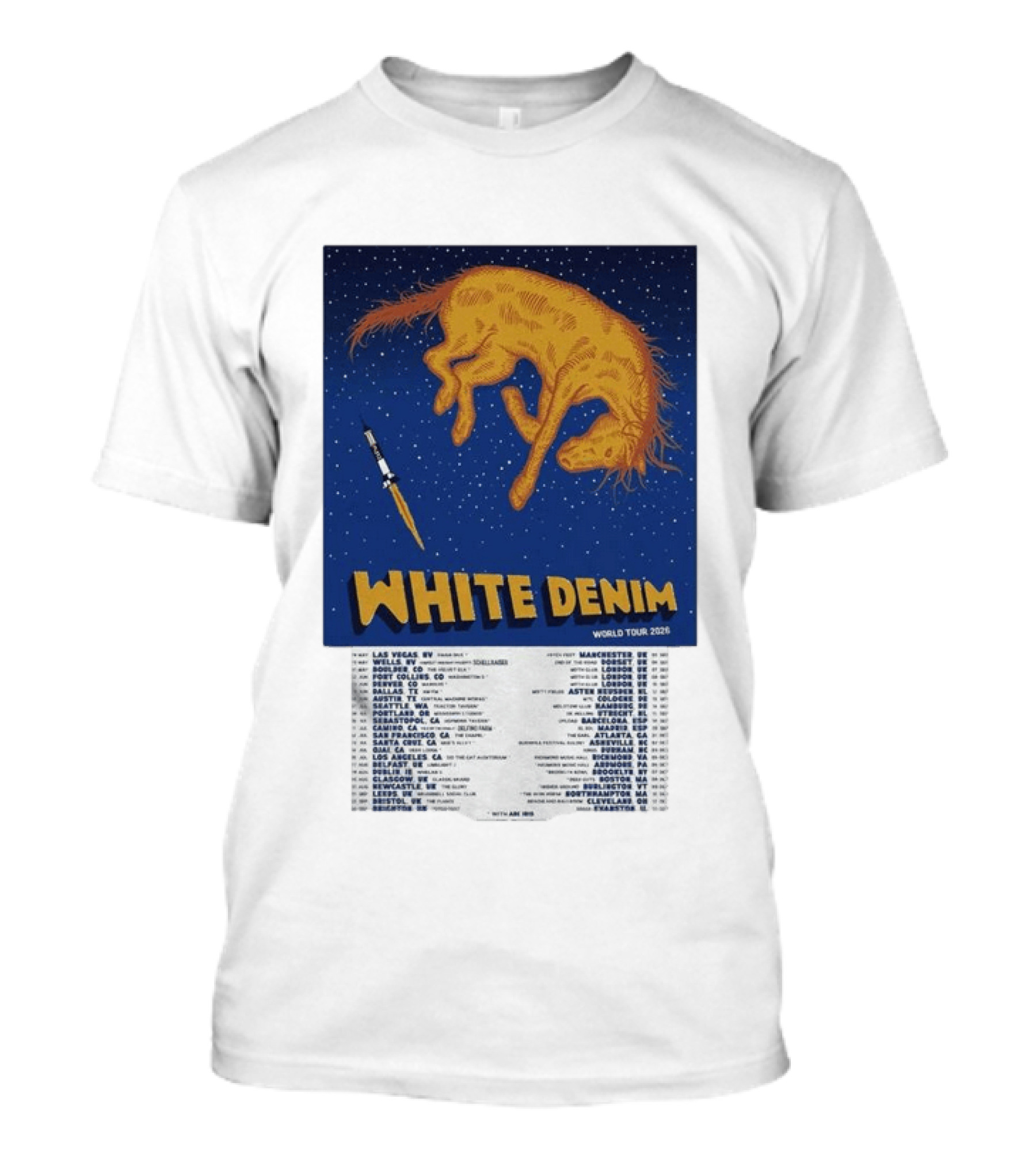 White Denim World Tour 2026 Tour Dates And Cities With Starry Night Horse Scene T-Shirt