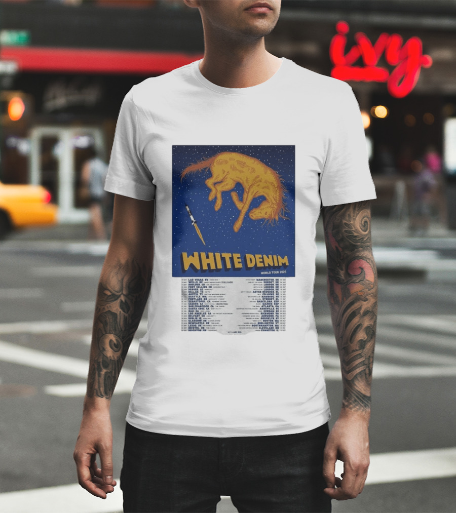 White Denim World Tour 2026 Tour Dates And Cities With Starry Night Horse Scene T-Shirt