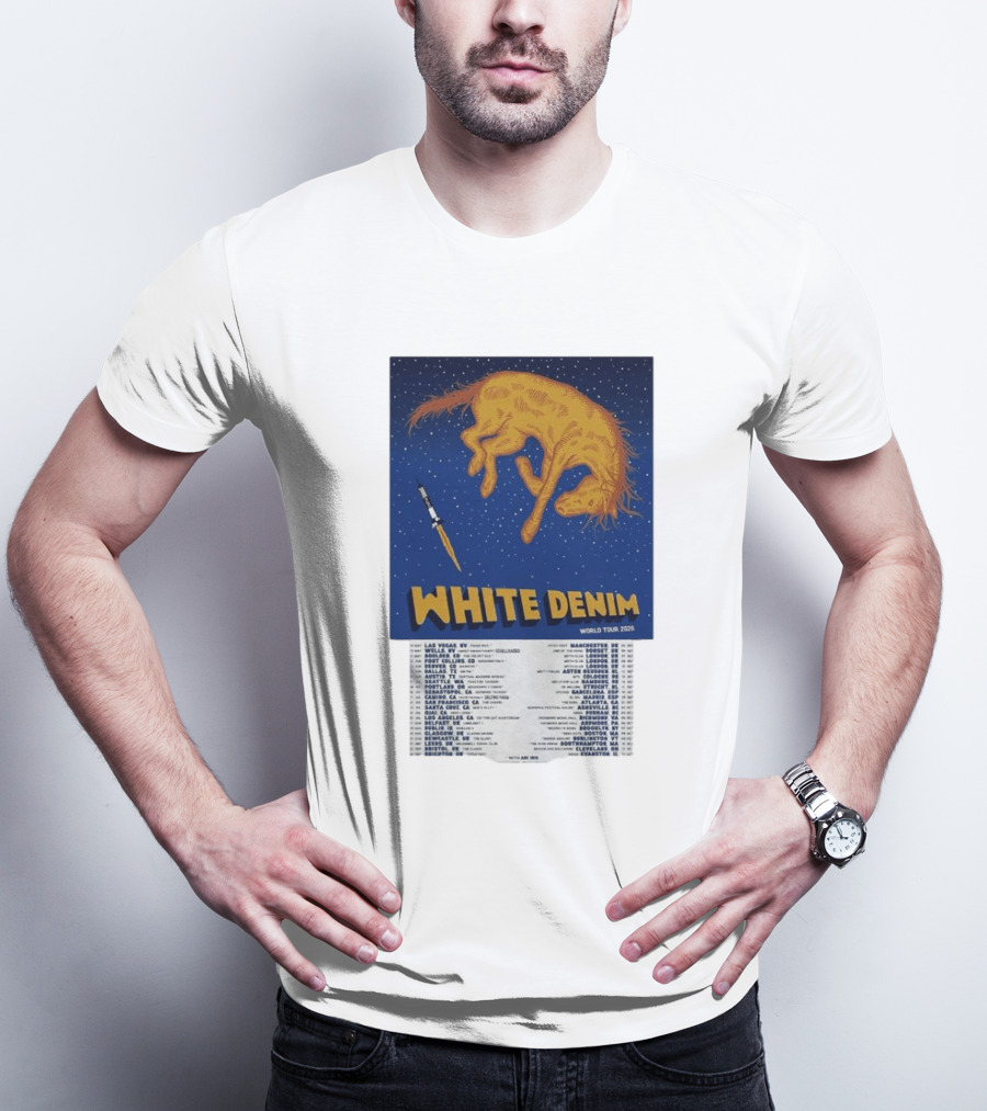 White Denim World Tour 2026 Tour Dates And Cities With Starry Night Horse Scene T-Shirt
