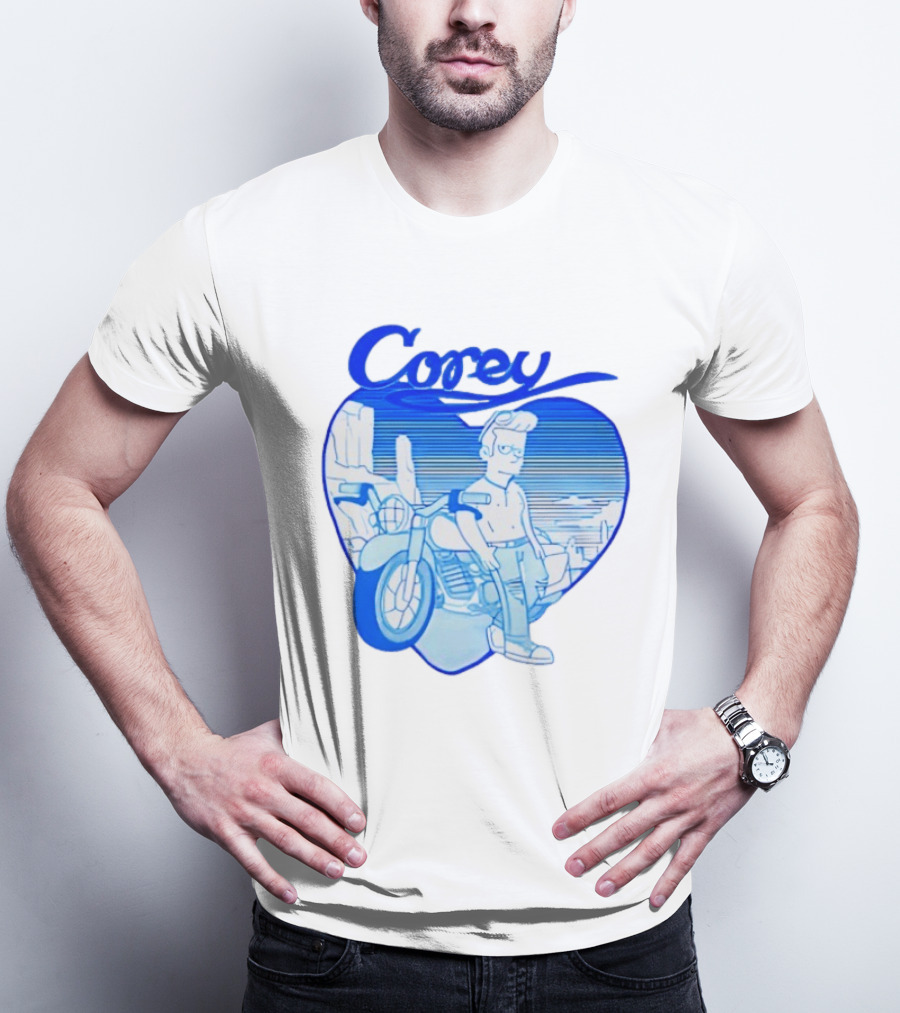 Corey Simpson Motorcycle In Heart Retro Cartoon Style With Blue Desert T-Shirt