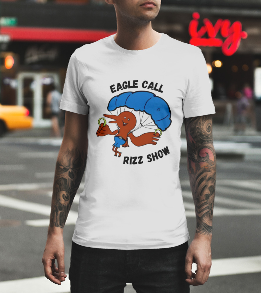 Eagle Call Rizz Show Parachuting Bird Character With Blue Canopy T-Shirt