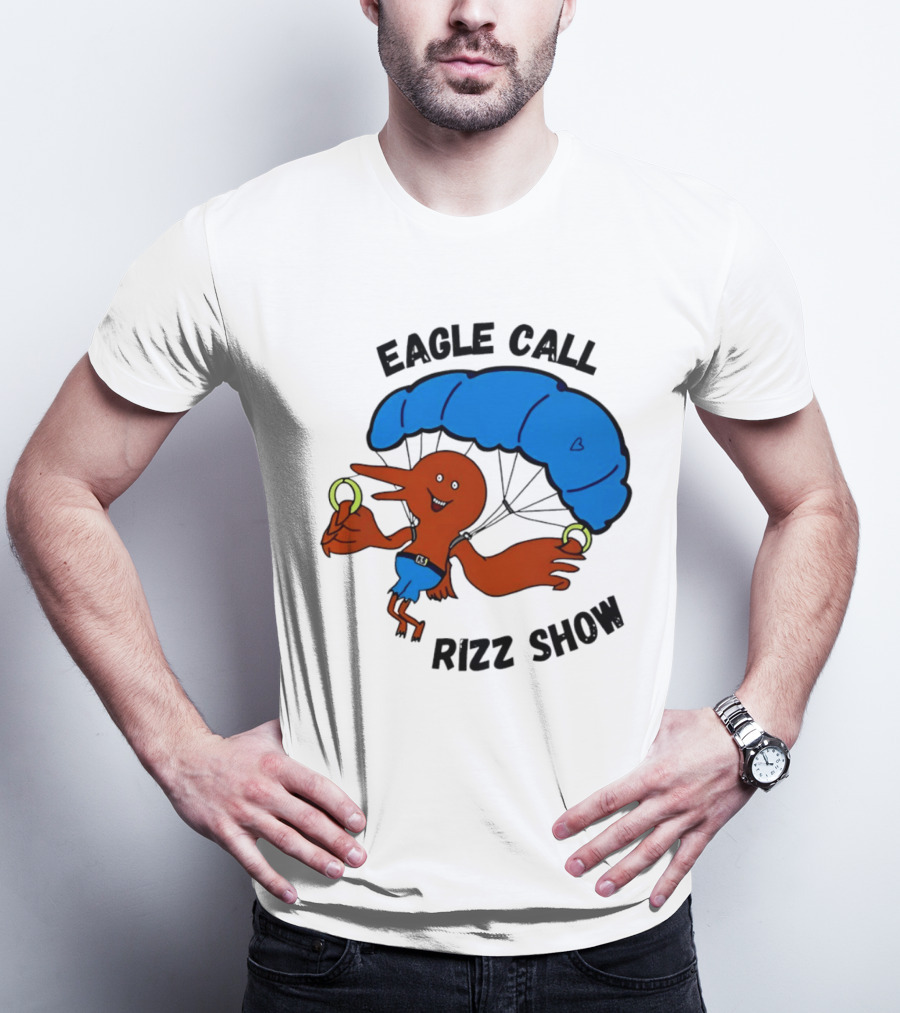 Eagle Call Rizz Show Parachuting Bird Character With Blue Canopy T-Shirt