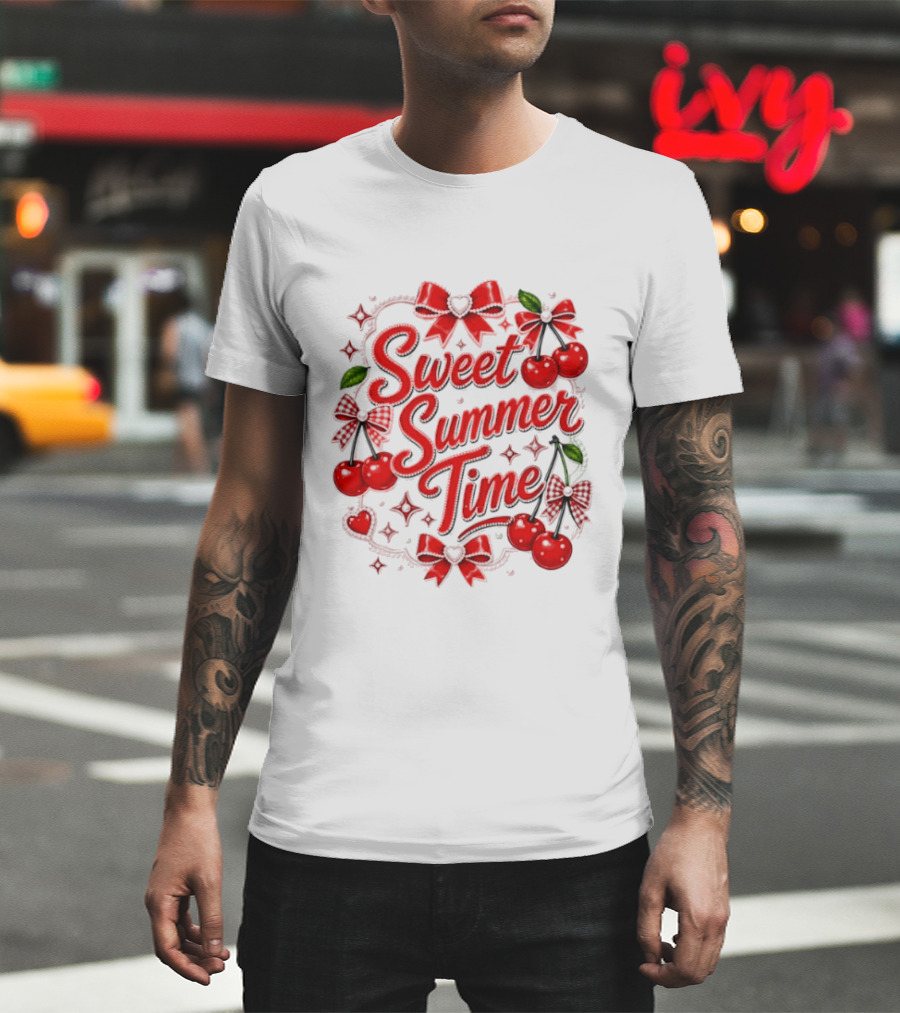 Sweet Summer Time Cherry Pearl Ribbon Hearts Bows T-Shirt