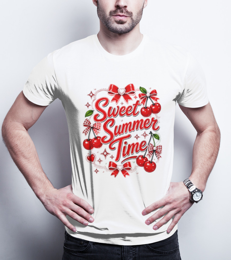 Sweet Summer Time Cherry Pearl Ribbon Hearts Bows T-Shirt