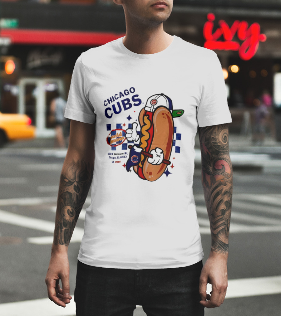 Chicago Cubs World Famous 1060 Addison St Hot Dog Wrigley Field Baseball Fan T-Shirt