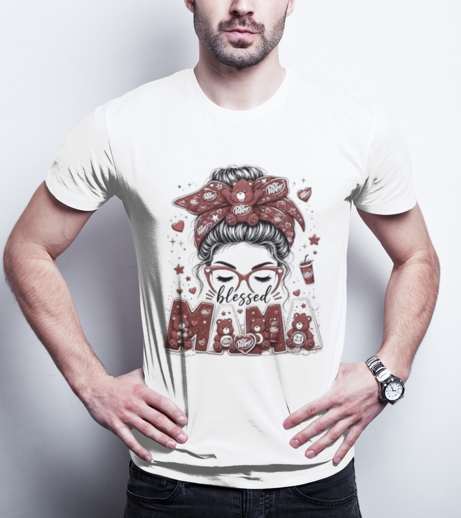 Messy Bun Dr Pepper Blessed Mama Glasses And Bandana T-Shirt