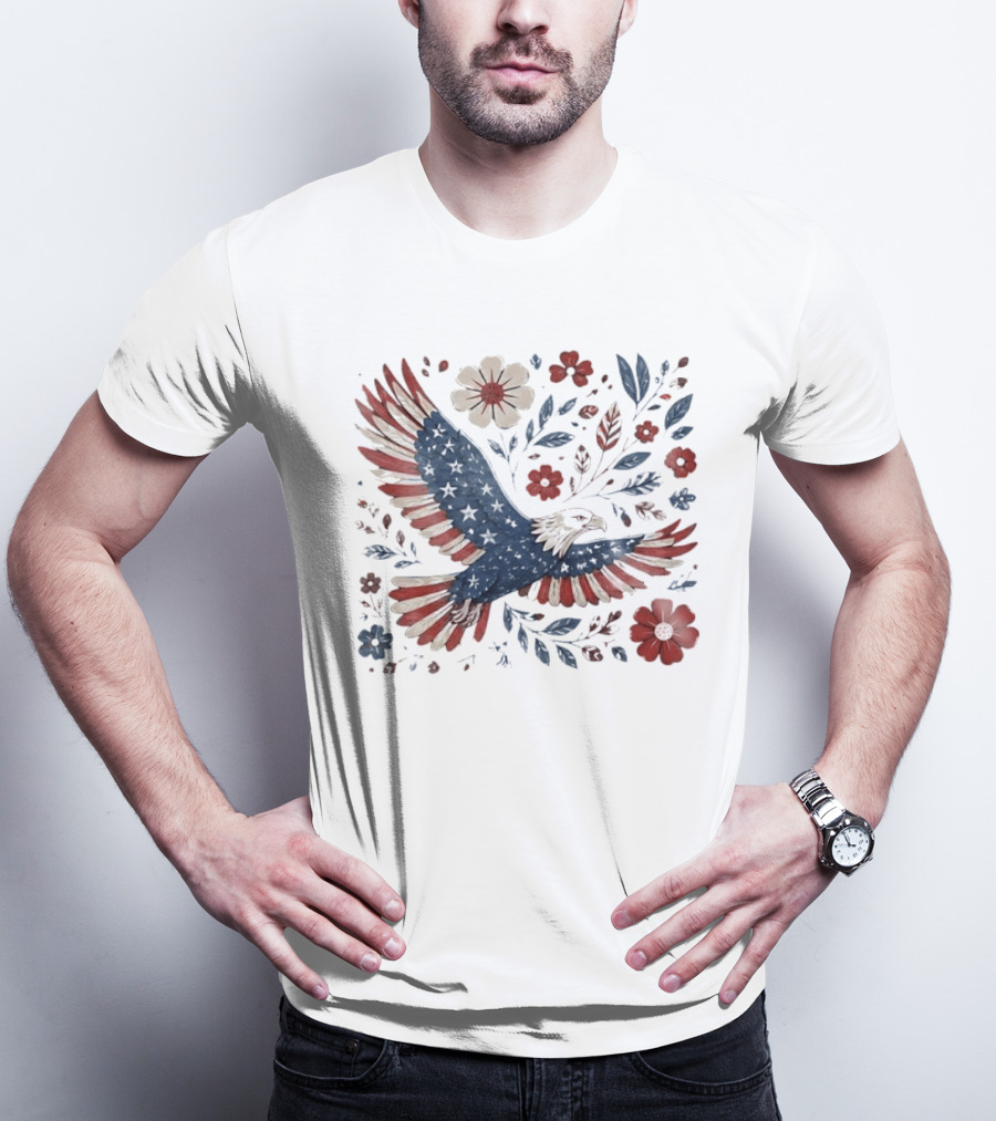 Patriotic Eagle 4th Of July USA 250th Anniversary Freedom Floral T-Shirt