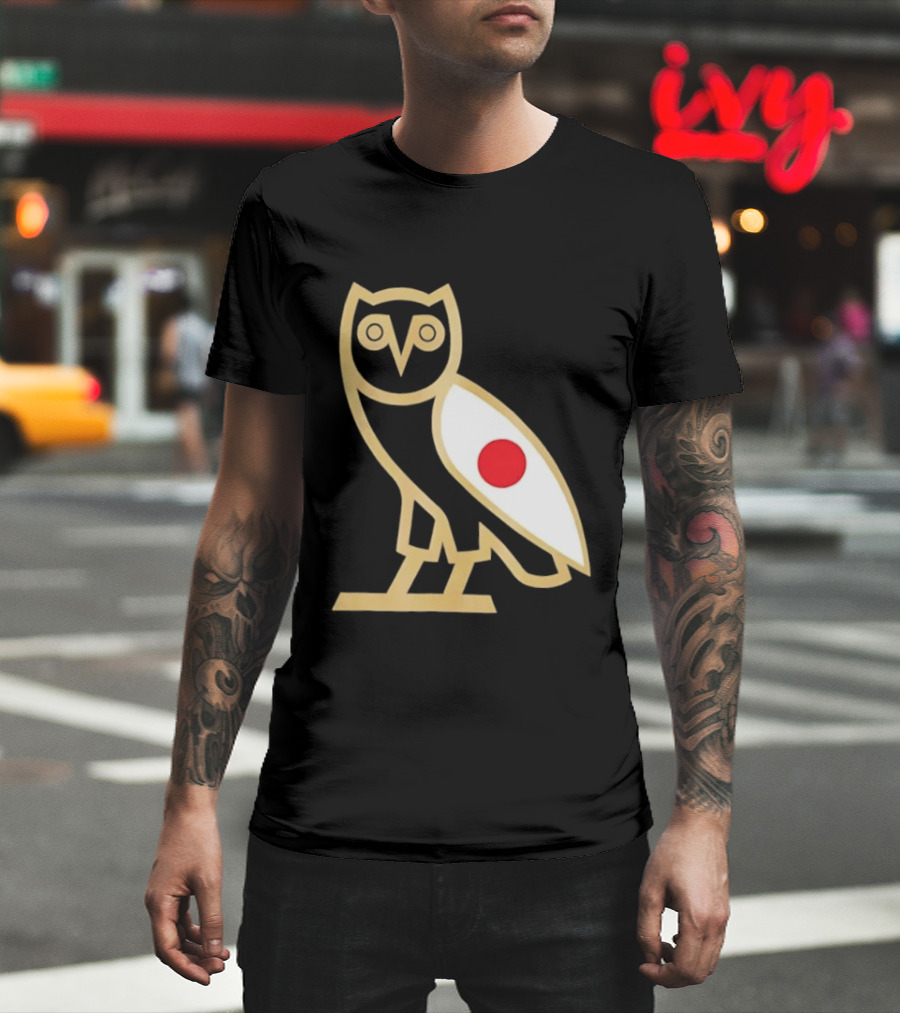 OVO Owl Japan Flag Icon Gold Outline And Red Circle Motif T-Shirt