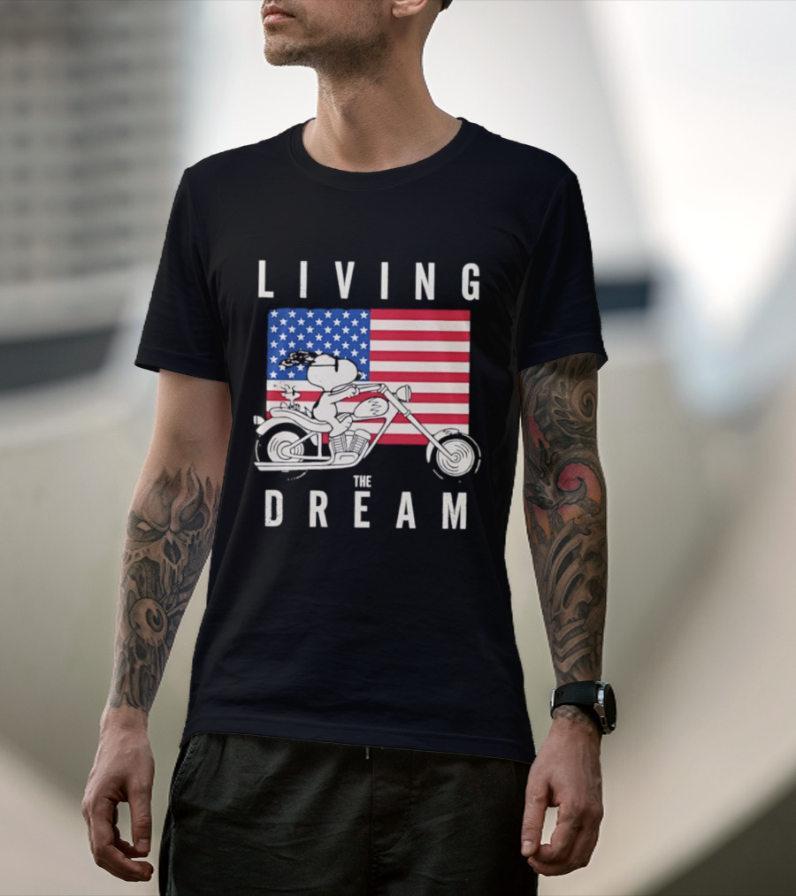 Living The Dream Snoopy Woodstock Motorcycle American Flag Peanuts T-Shirt