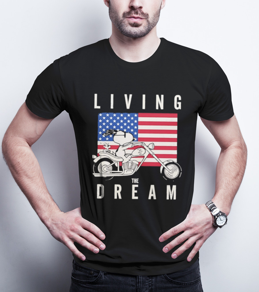 Living The Dream Snoopy Woodstock Motorcycle American Flag Peanuts T-Shirt