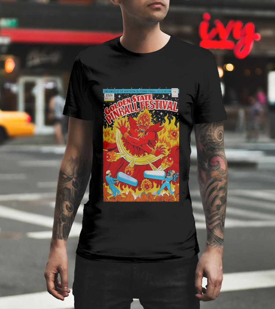 Golden State Pinball Festival Northern California May 2026 Fire Demon Battle T-Shirt