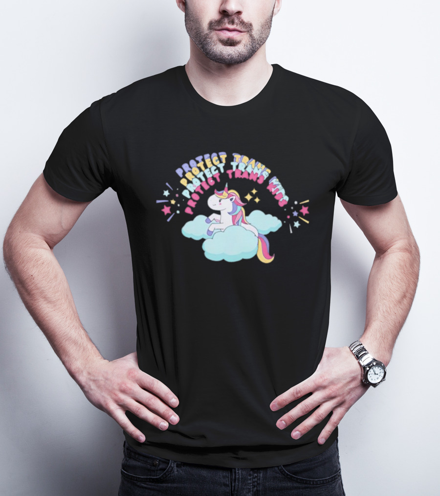 Protect Trans Kids Unicorn Rainbow Stars Cloud T-Shirt