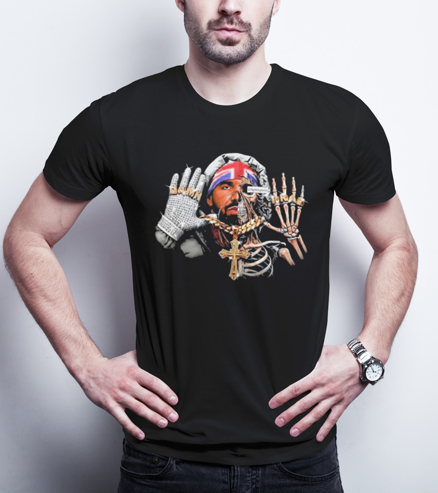 Damn Pray Skeleton Half Face Union Jack Diamond Glove Cross Necklace T-Shirt