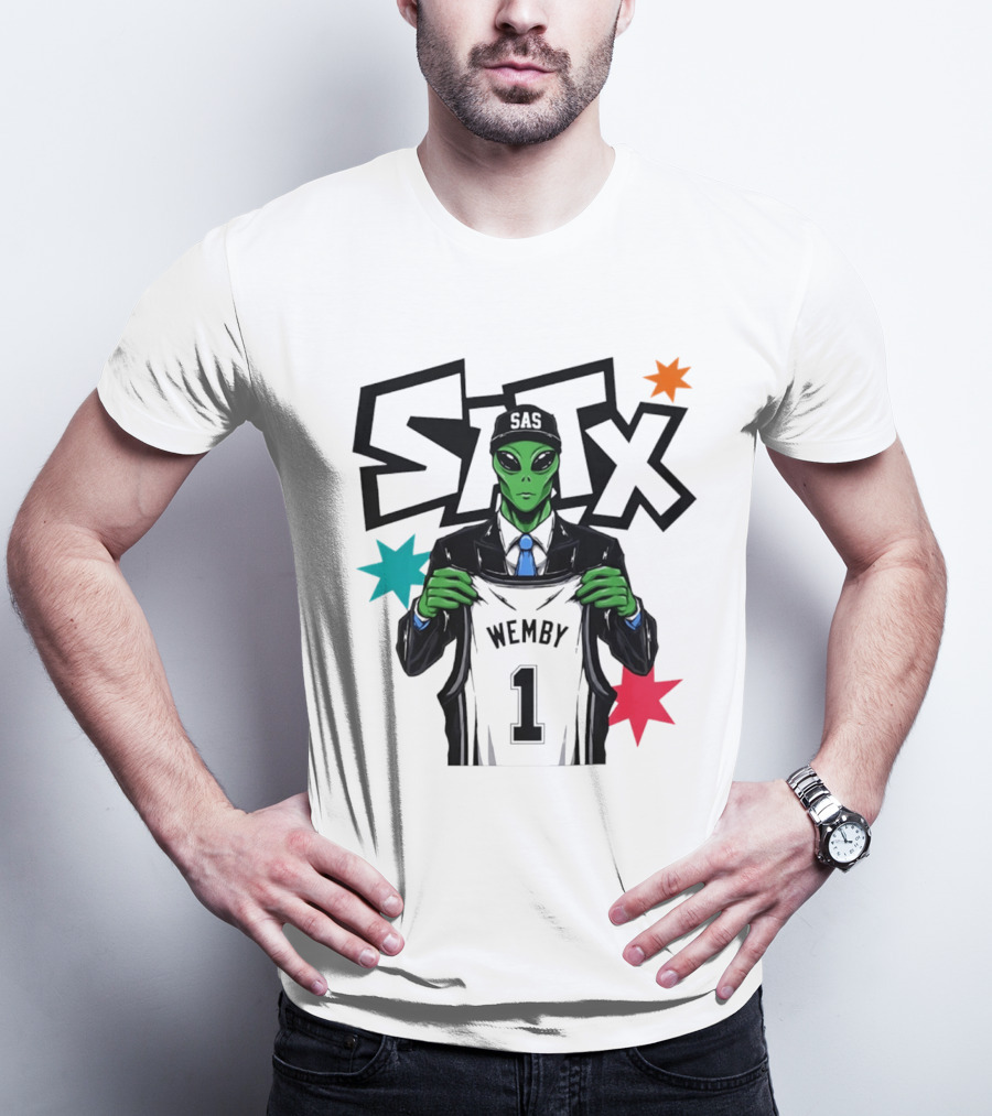 STX SAS Alien Wemby Holding Spurs Jersey Victor Wembanyama T-Shirt
