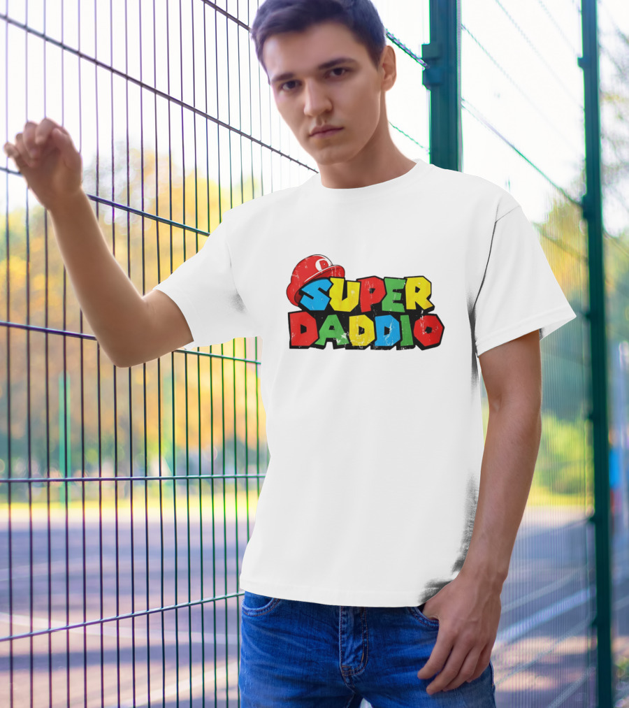 Super Daddio Mario Cartoon Colorful Text With Red Hat T-Shirt