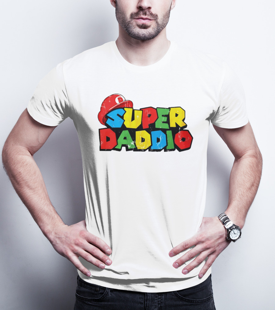 Super Daddio Mario Cartoon Colorful Text With Red Hat T-Shirt