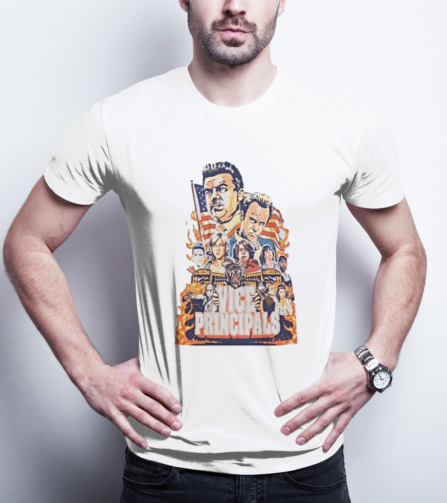 Vice Principals TV Show Cast Collage With School Bus And American Flag T-Shirt